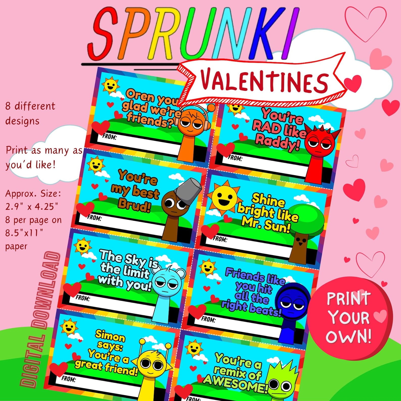 PRINT YOUR OWN Sprunki Valentines, Digital Download, Sprunki Valentine ...