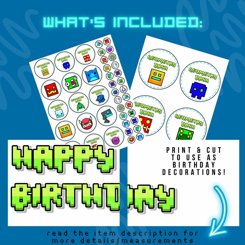 Geometry Dash Birthday Decorations, Cupcake Toppers, Party Stickers ...