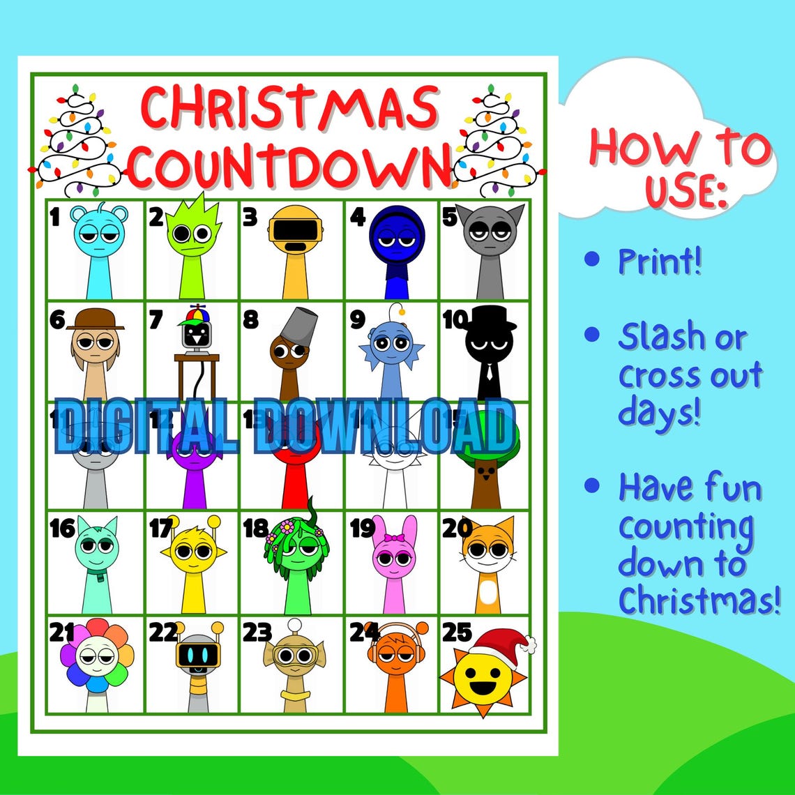 Sprunki Christmas Countdown Calendar, Geometry Dash Printable (digital ...