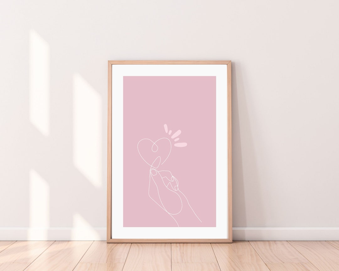 Korean Finger Heart,pink Finger Heart Print,heart Single Line Art,love ...