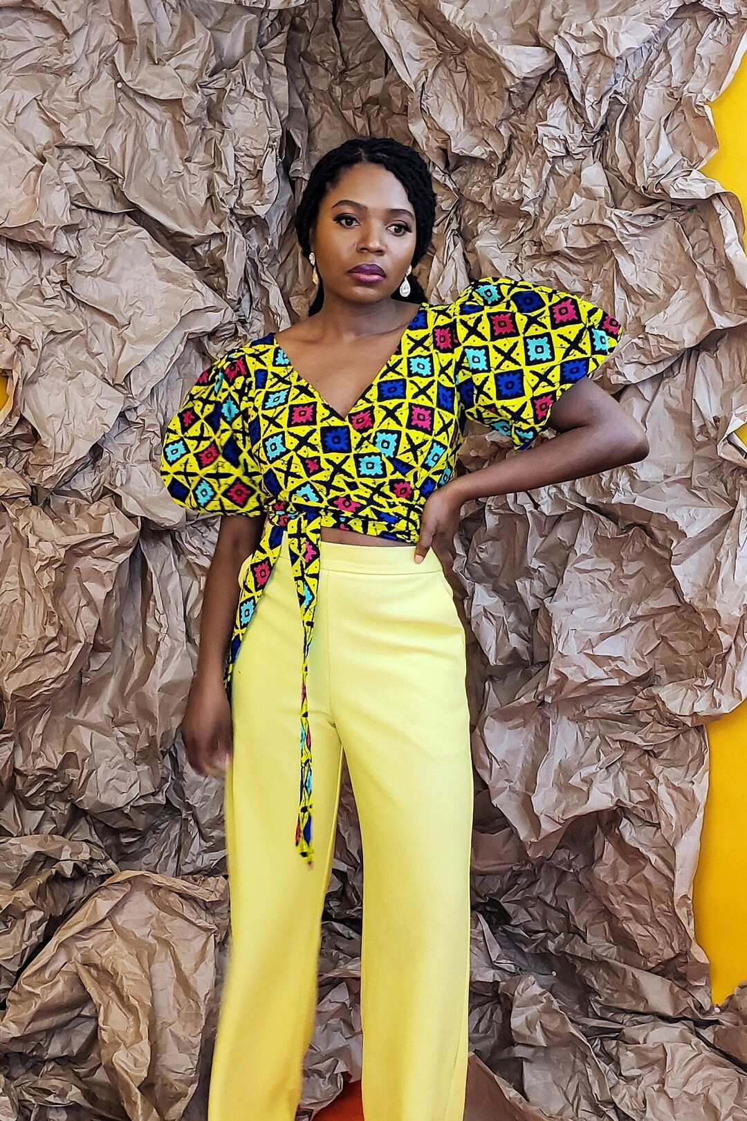 African Print Wrap Top. Print Wrap Crop. Yellow Print Wrap Top for ...