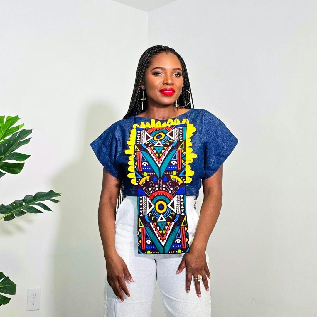 Denim Top. Denim Print Mix Crop Top. Women's Top. Loose Fit Top ...