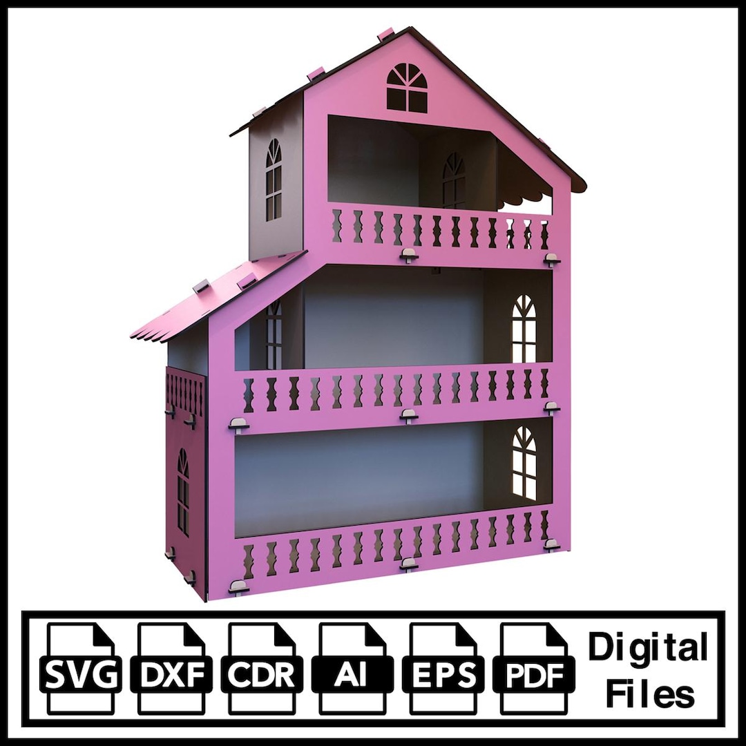 Wooden Dollhouse Vector File With Doolhouse Furniture, Wooden Dollhouse ...