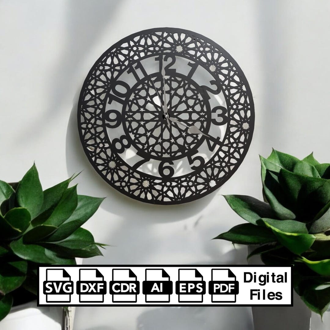 Wall Clock Islamic Pattern Laser Cut Design File – Dxf Svg Ai Pdf Eps ...