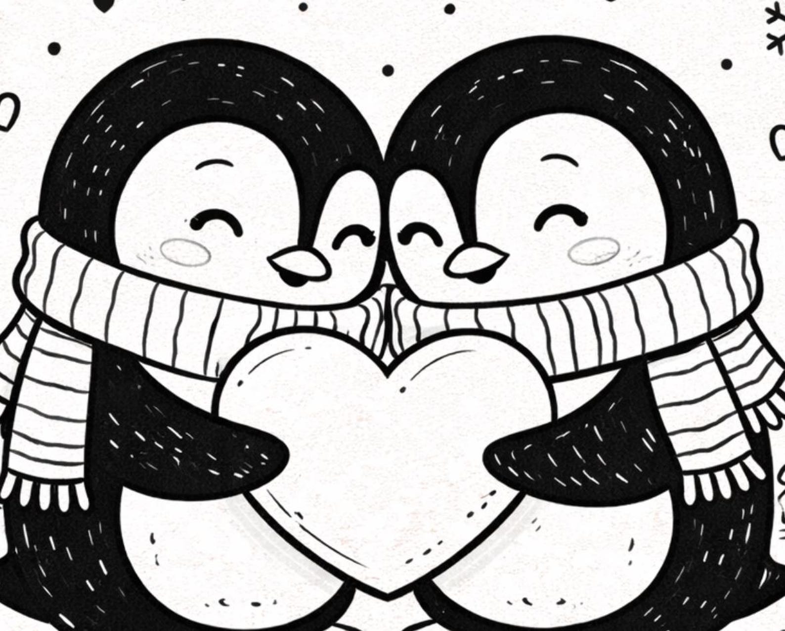 Winter Valentine Coloring Page for Kids | Cute Penguins Holding Heart ...