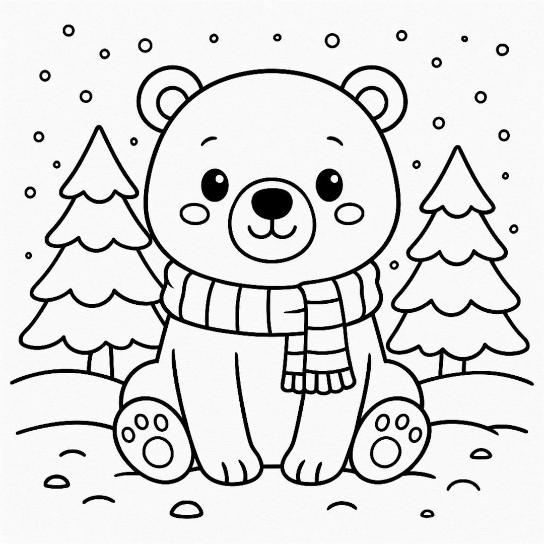 Winter Polar Bear Coloring Page - Christmas Kids Activity (instant ...