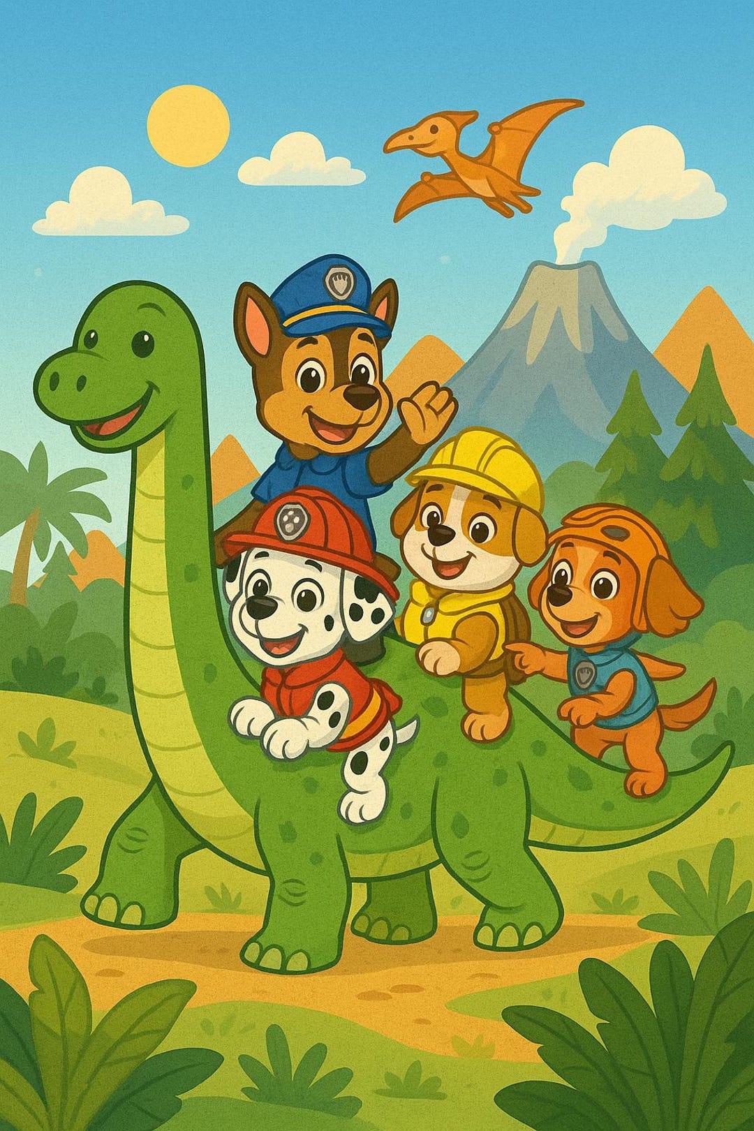 Dinosaur Puppy Rescue Team Print: Kids' Room Cartoon Wall Art (digital ...