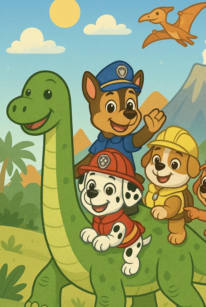 Dinosaur Puppy Rescue Team Print: Kids' Room Cartoon Wall Art (digital ...
