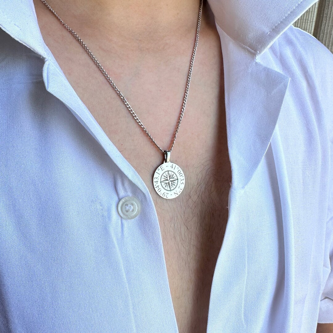 Custom Coordinate Compass Necklace, Engraved Necklace, Longitude ...