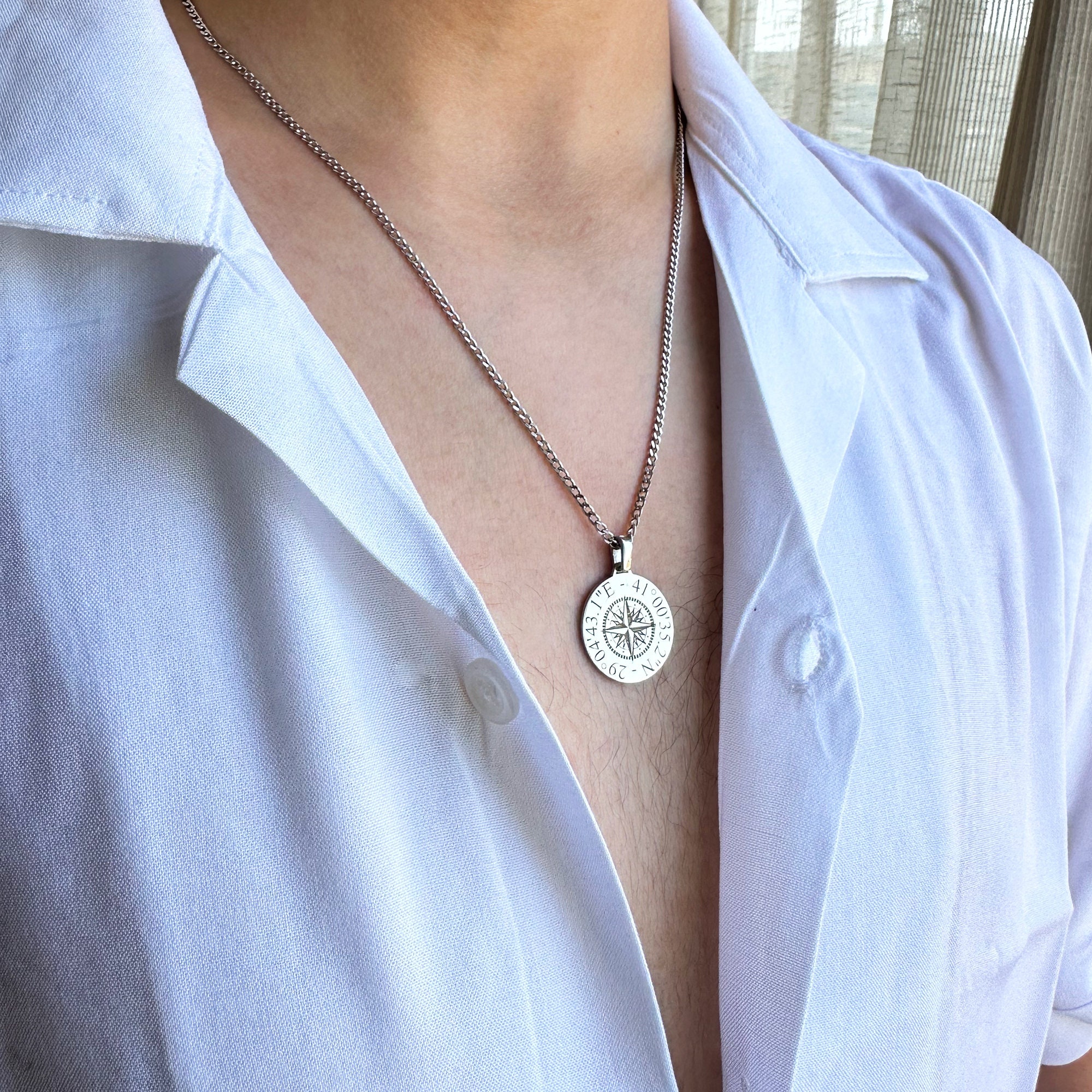 Custom Coordinate Compass Necklace, Engraved Necklace, Longitude ...