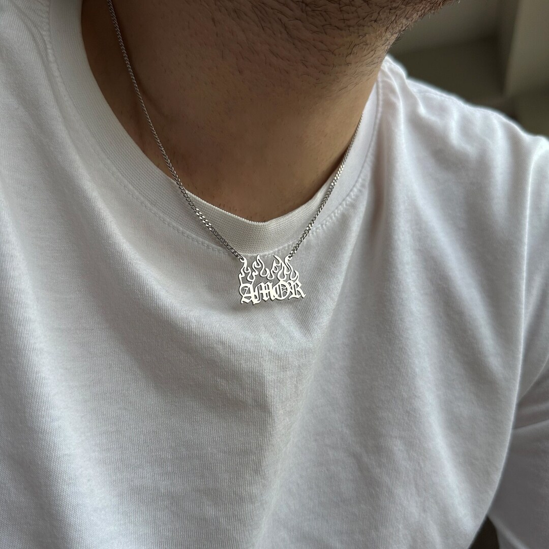 Custom Flame Name Necklace, Old English Name Necklace, Flame Name ...