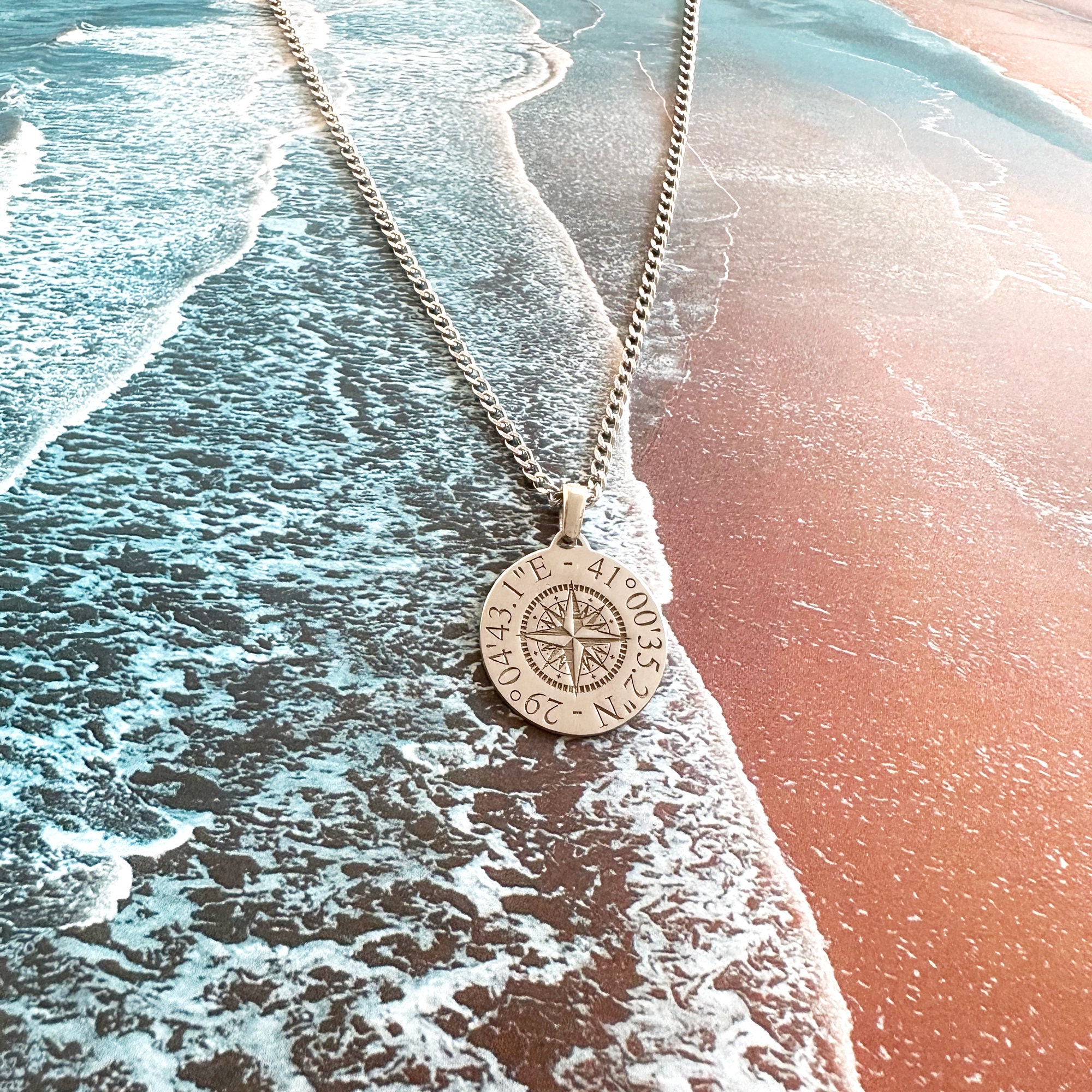 Custom Coordinate Compass Necklace, Engraved Necklace, Longitude ...