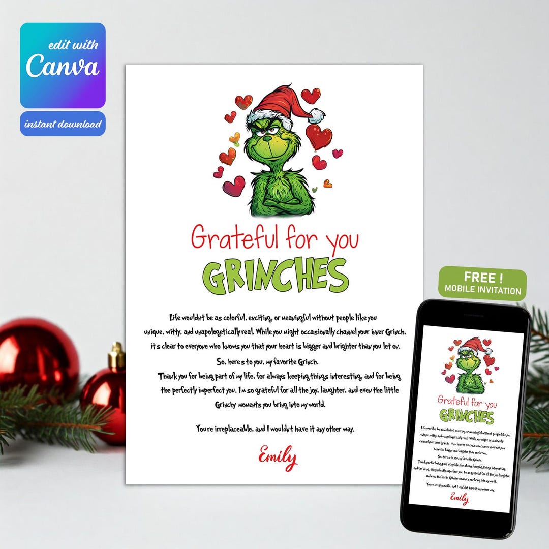 Grateful for You Grinches Christmas Party Welcome Note, Grinch ...