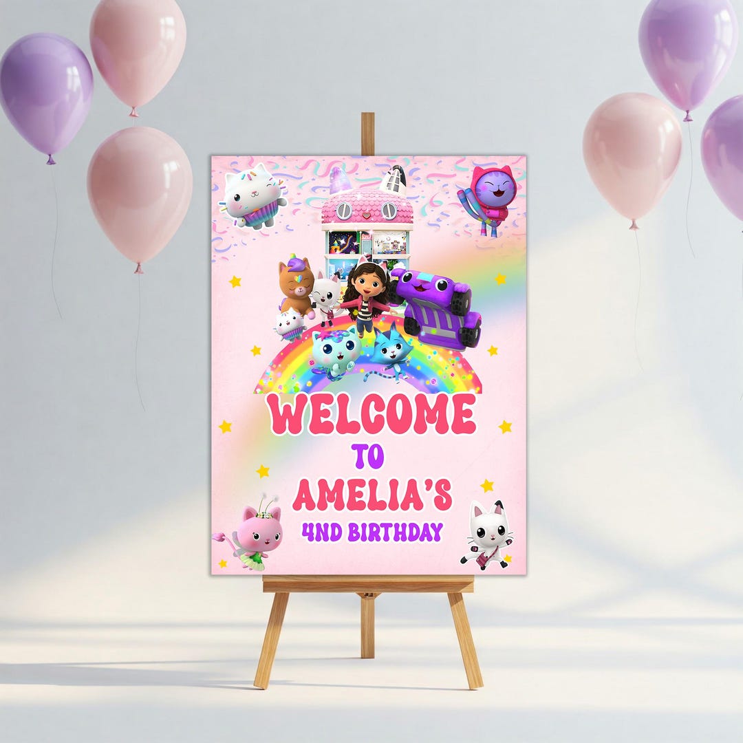Gabby's Dollhouse Welcome Sign: Birthday Party Banner (canva Template ...
