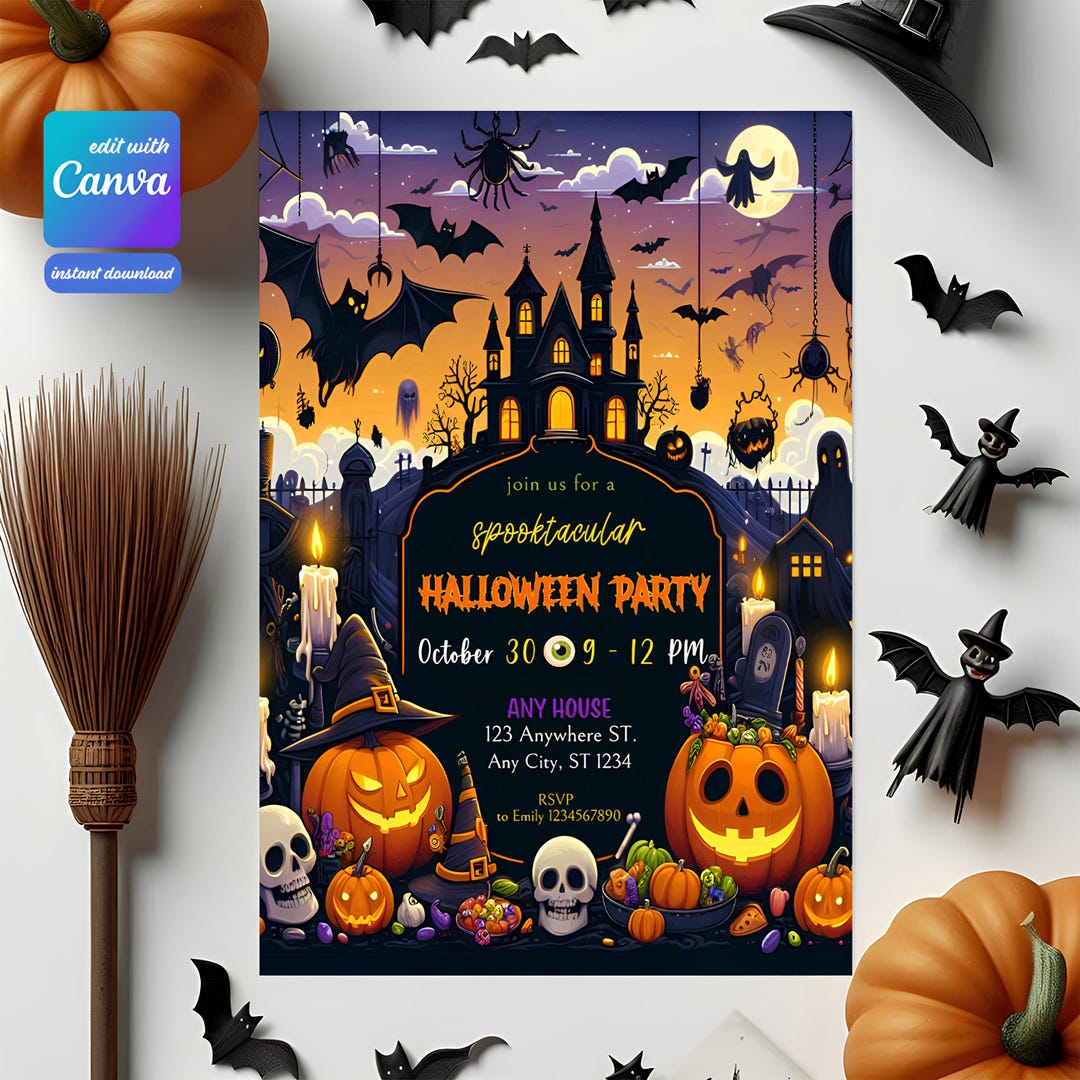 Editable Halloween Party Invitation, Canva Template (5x7 in Digital ...