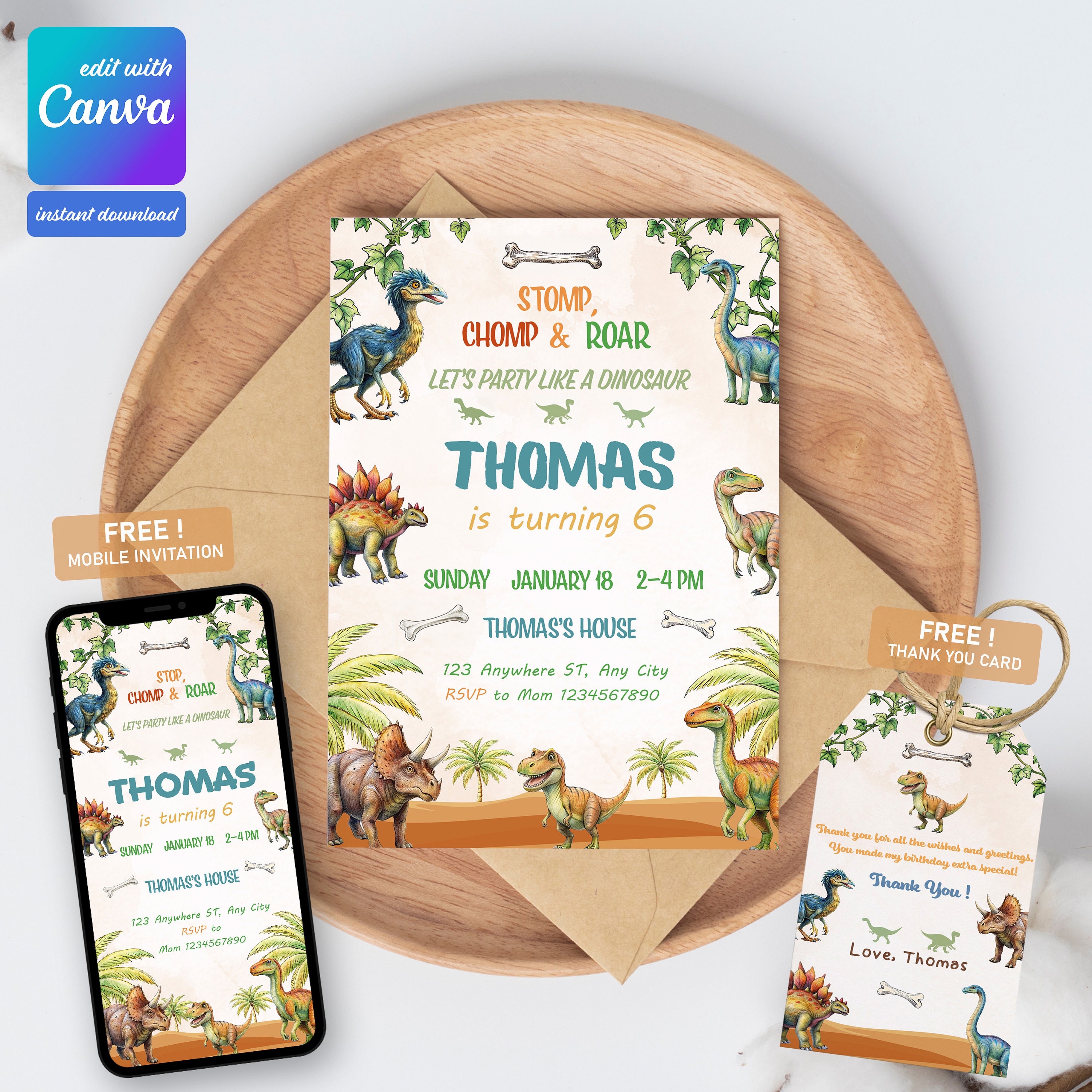 Editable Dinosaur Birthday Party Invitation Template, Dinosaur Birthday ...