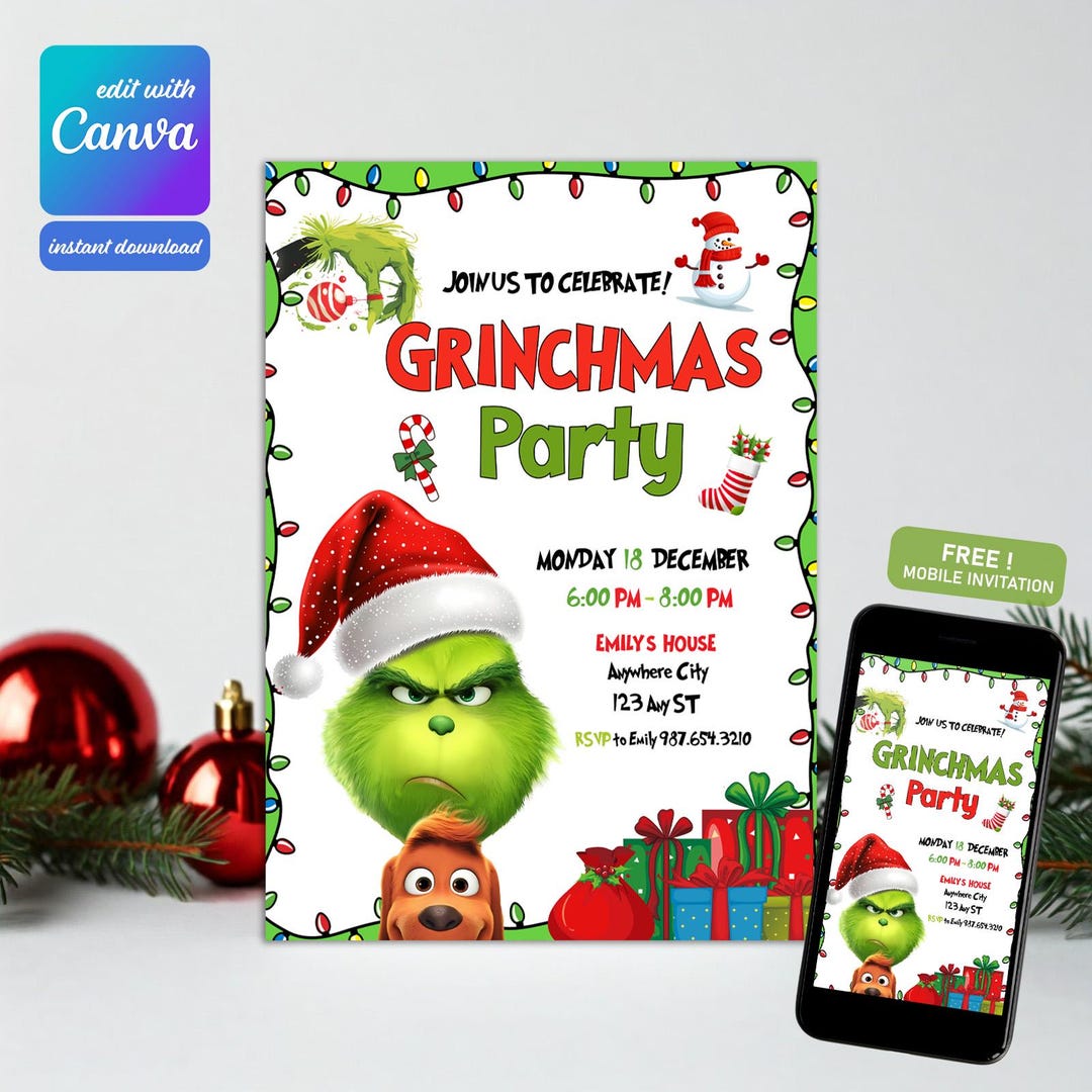 Editable Grinchmas Party Invite, Grinhday Party, Christmas Party ...