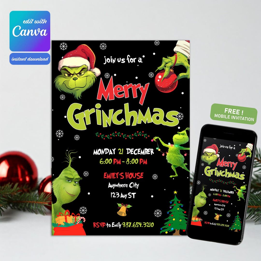 Editable Grinchmas Party Invite, Grinhday Party, Christmas Party ...