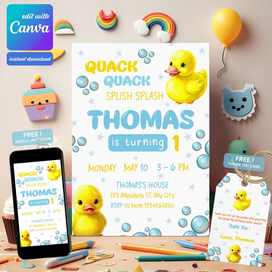 Duck Birthday Party Invitation, Kids Birthday Invite, Duck Party Invite ...