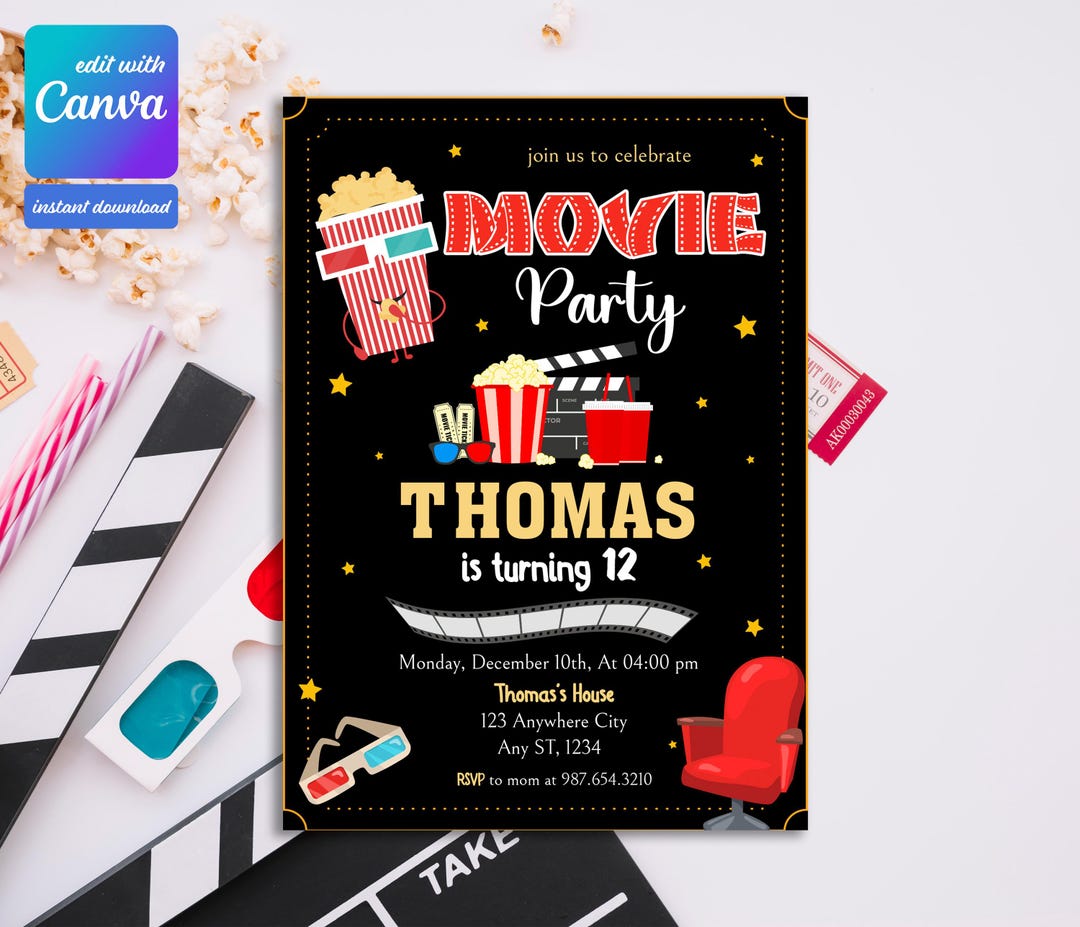 Editable Movie Birthday Invitation, Digital Kids Party Invite With ...