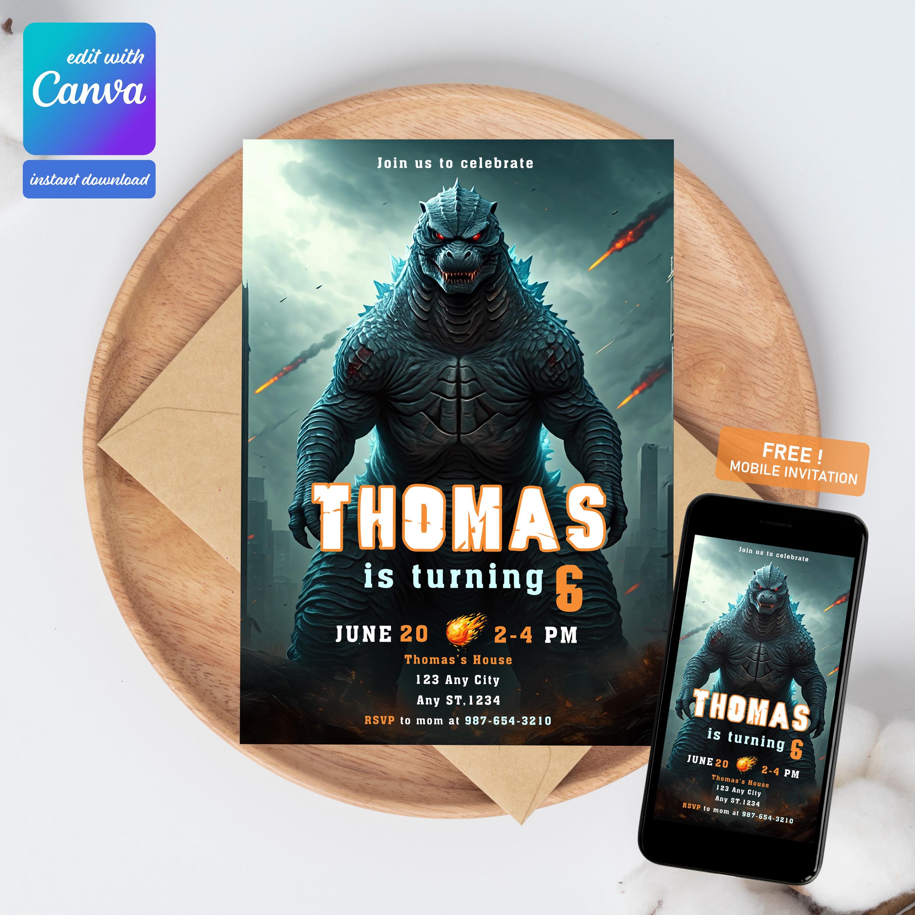 Godzilla Invitation, Godzilla Boys Editable Birthday Invitation ...