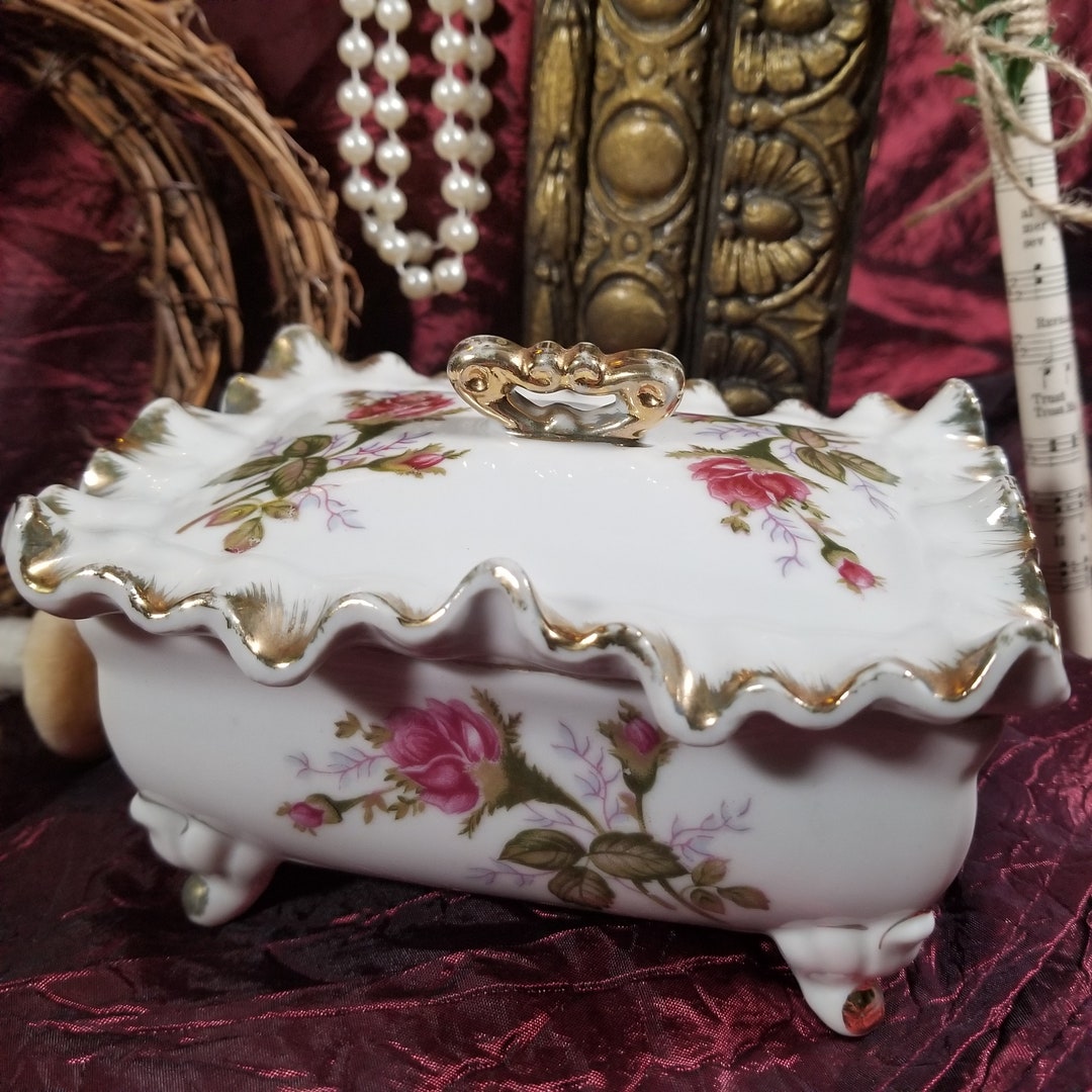 Porcelain Keepsake Box Vintage Rose Jewelry Holder - Etsy