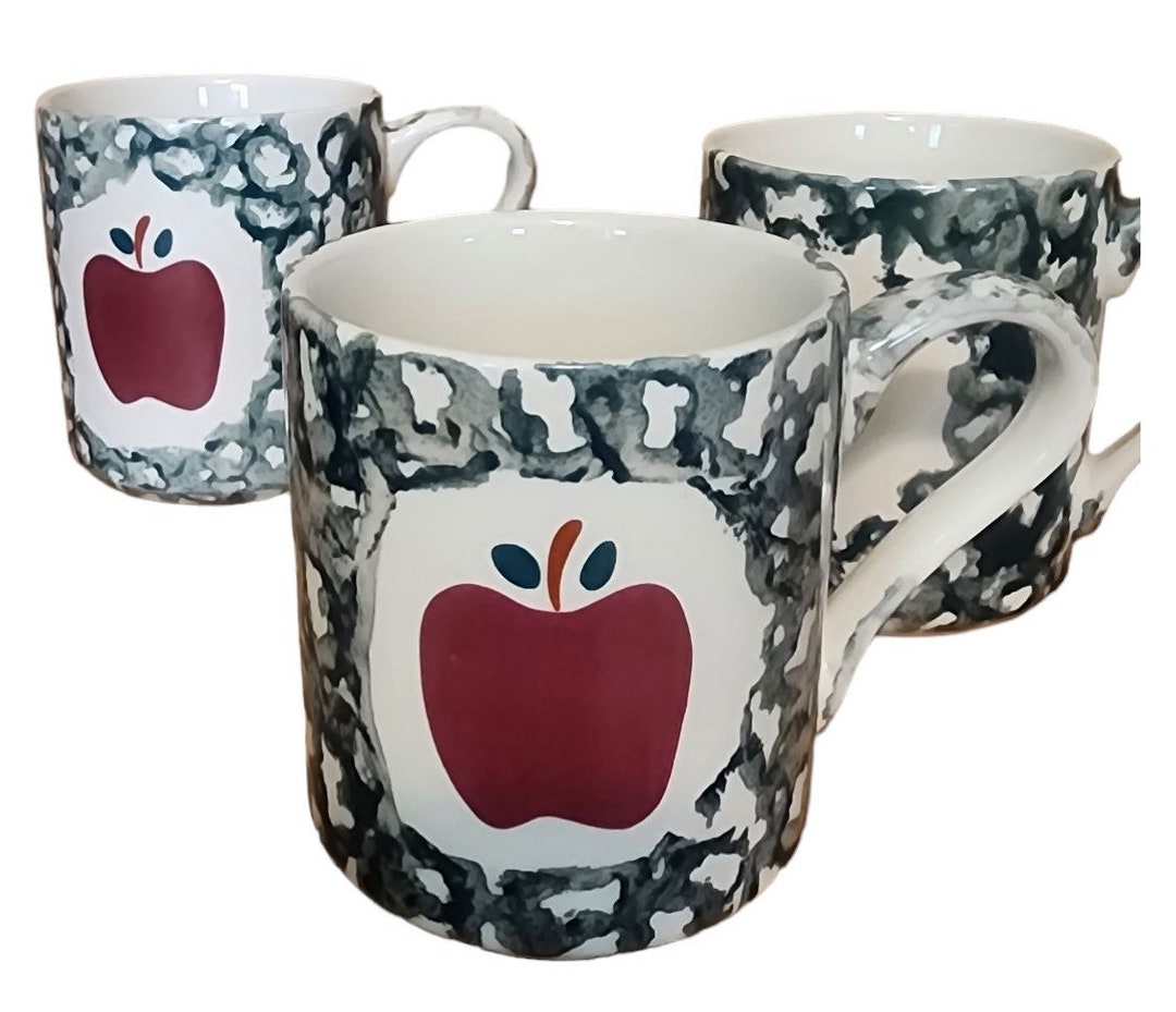 Set of 5 Green Stoneware Apple Design Sponge Painted Mugs - Etsy