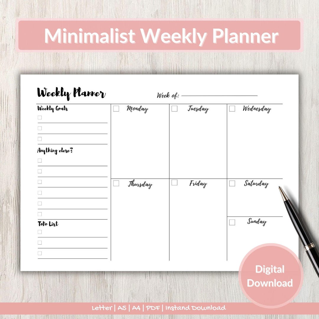Printable Minimalist Weekly Planner PDF | Digital To-do List, Goal ...