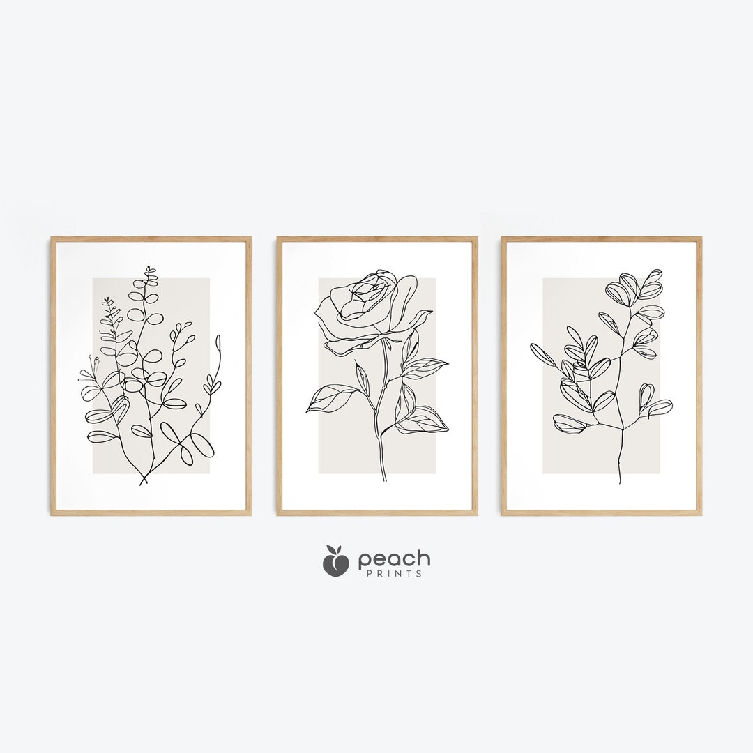 Botanical Line Art, Set of 3 Beige Plant Prints, Modern Minimalist ...