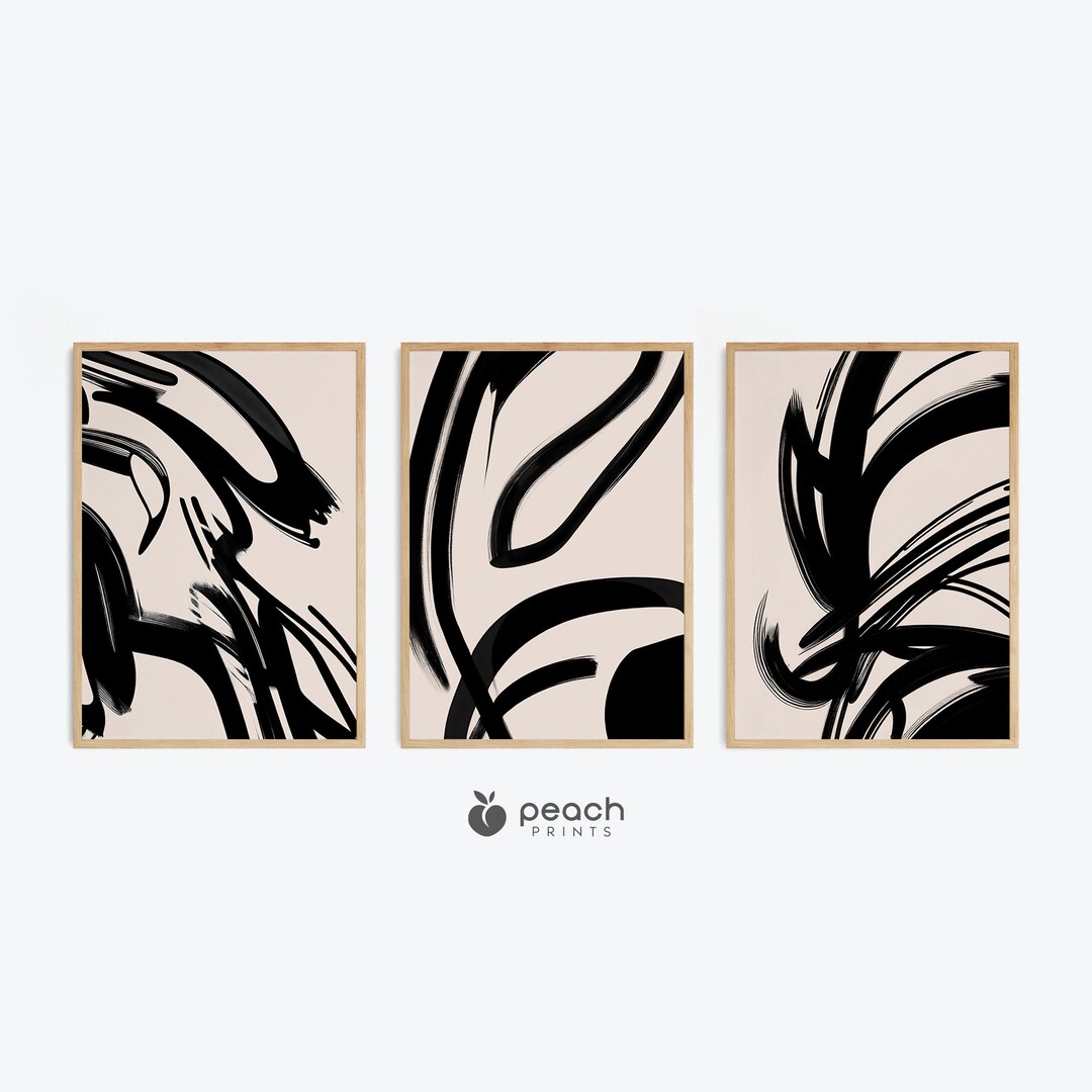 Beige and Black Brushstroke Wall Art, Set of 3, Modern Abstract Wall ...