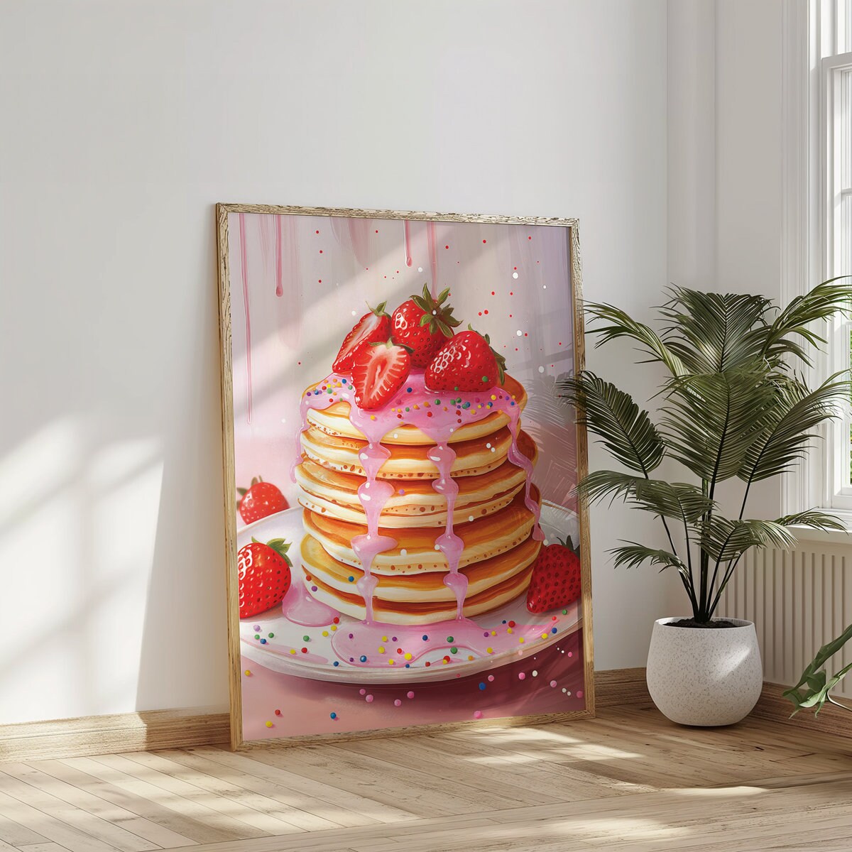 Pink Pancakes Art Print, Digital Food Art Print, Kitchen Wall Art ...