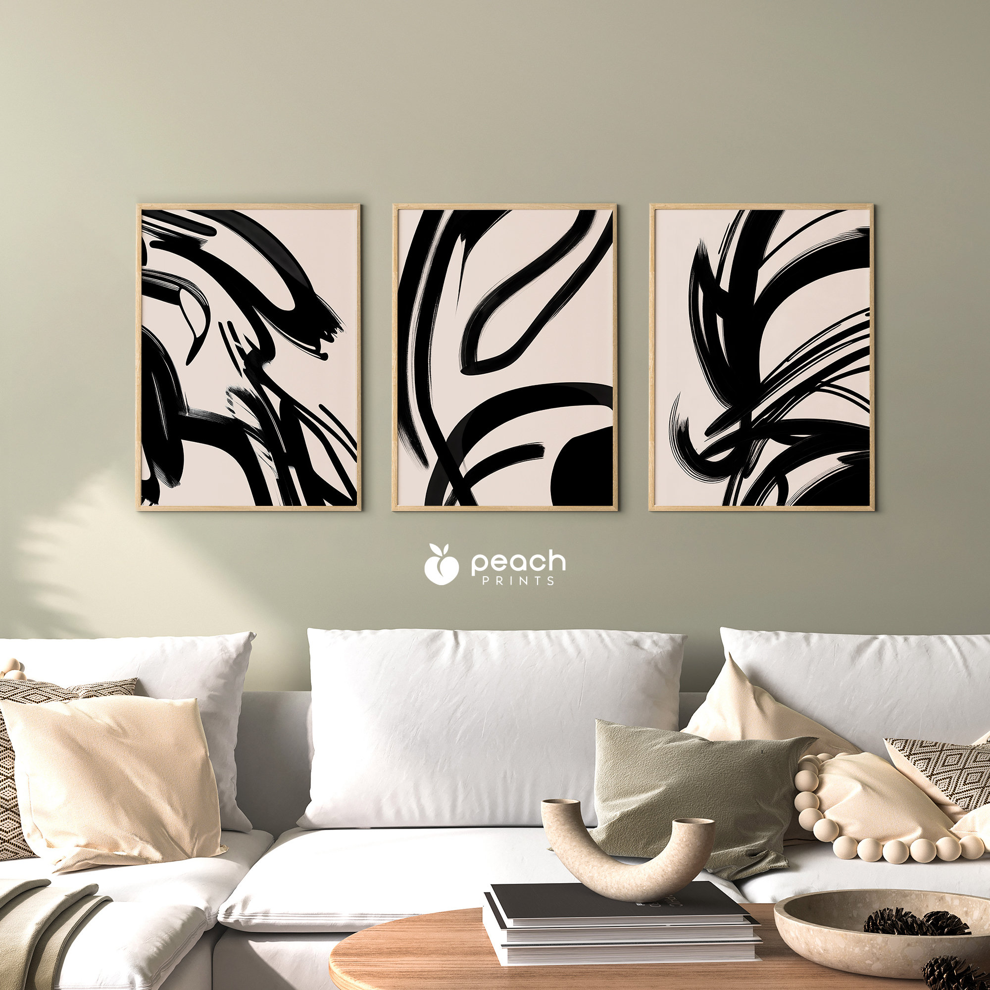 Beige and Black Brushstroke Wall Art, Set of 3, Modern Abstract Wall ...
