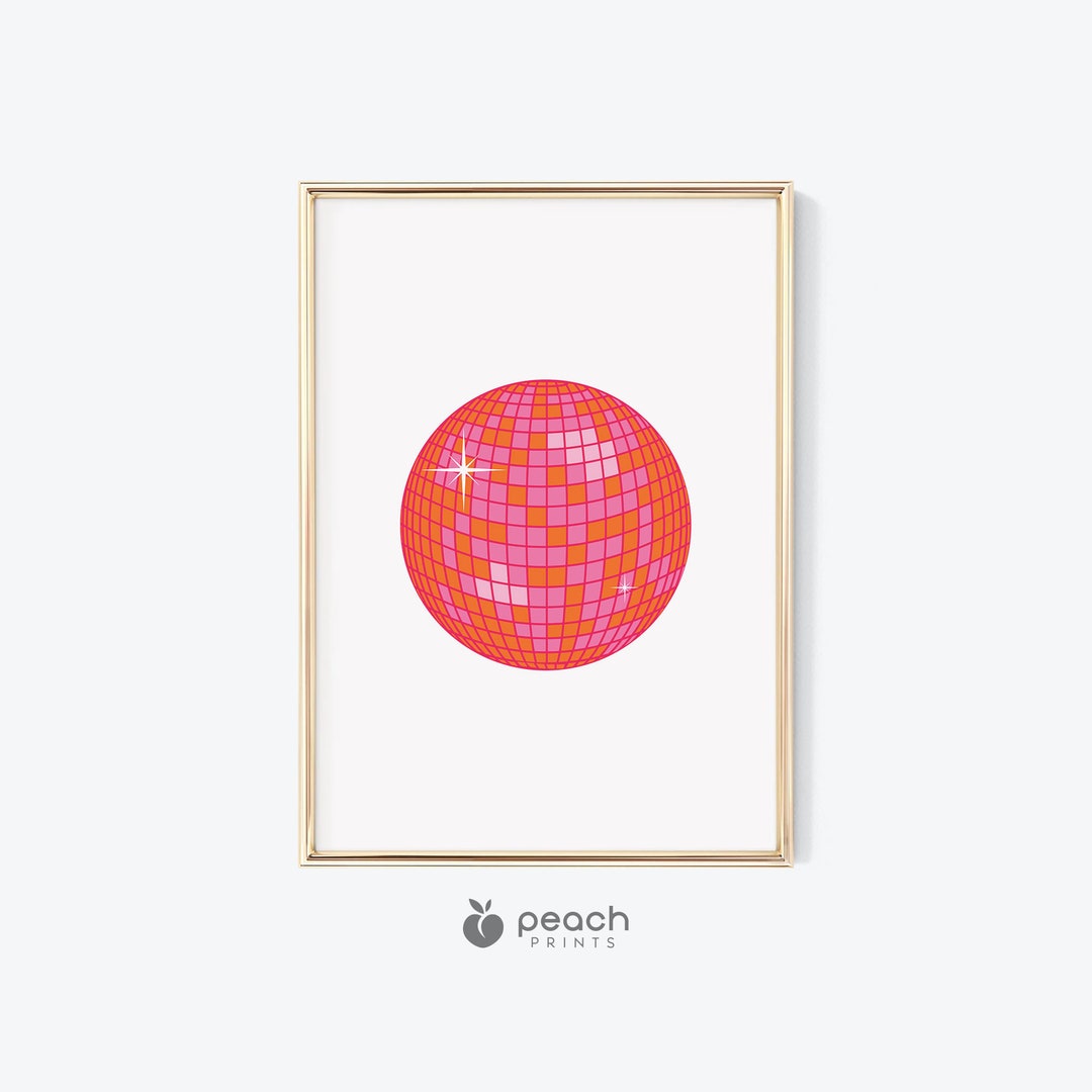 Disco Ball Wall Art, Orange and Pink, Dorm Decor, Bar Cart Art ...