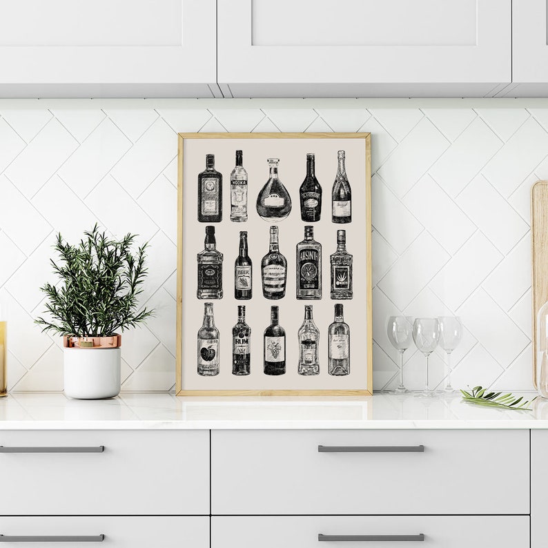 Vintage Liquor Bottles Print, Printable Art, Bar Art Prints, Black and ...