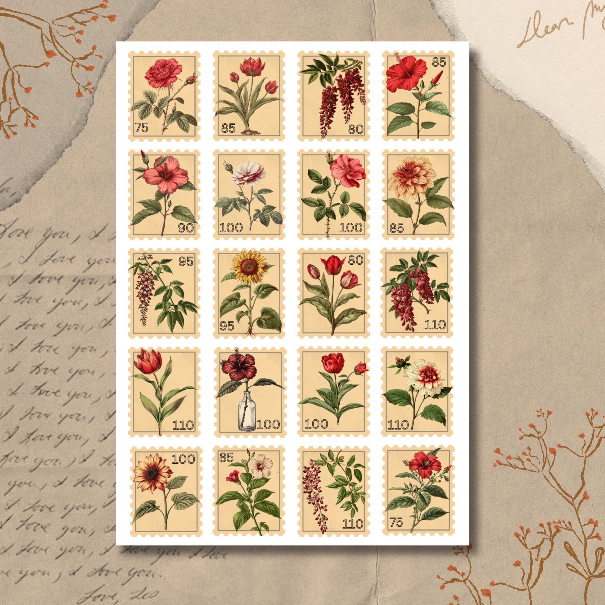 Postage Stamps Sticker Sheet - Vintage Botanical Illustartions ...