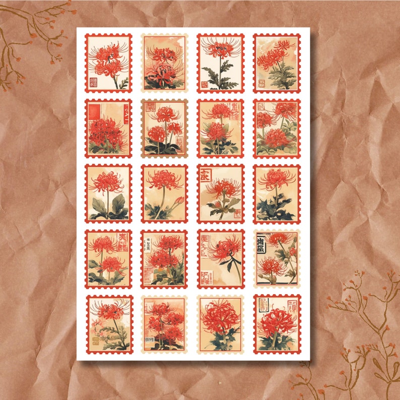 Postage Stamps Sticker Sheet - Red Spider Lily | Decoration | Floral ...