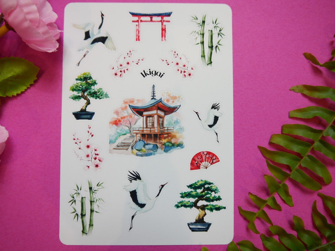 Japan Sticker Sheet Ikigai Japanese Patterns Sakura Watercolor Bullet ...