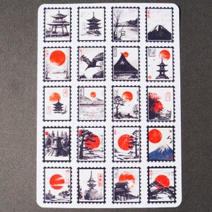 Postage Stamps Sticker Sheet - Red Sun | Decoration | Japan | Black and ...