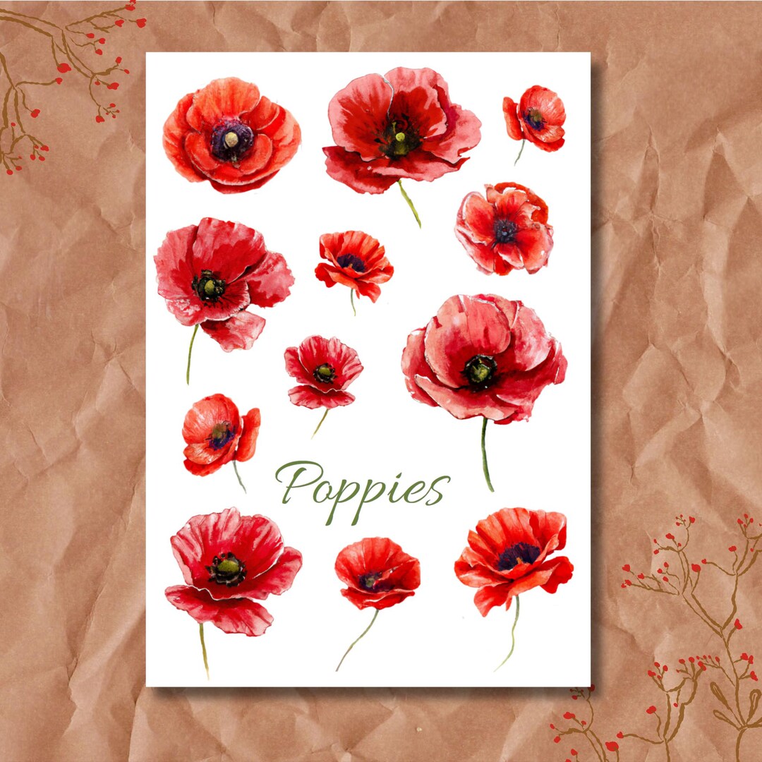 Sticker Sheet - Poppies | Watercolor | Bullet Journal Stickers ...