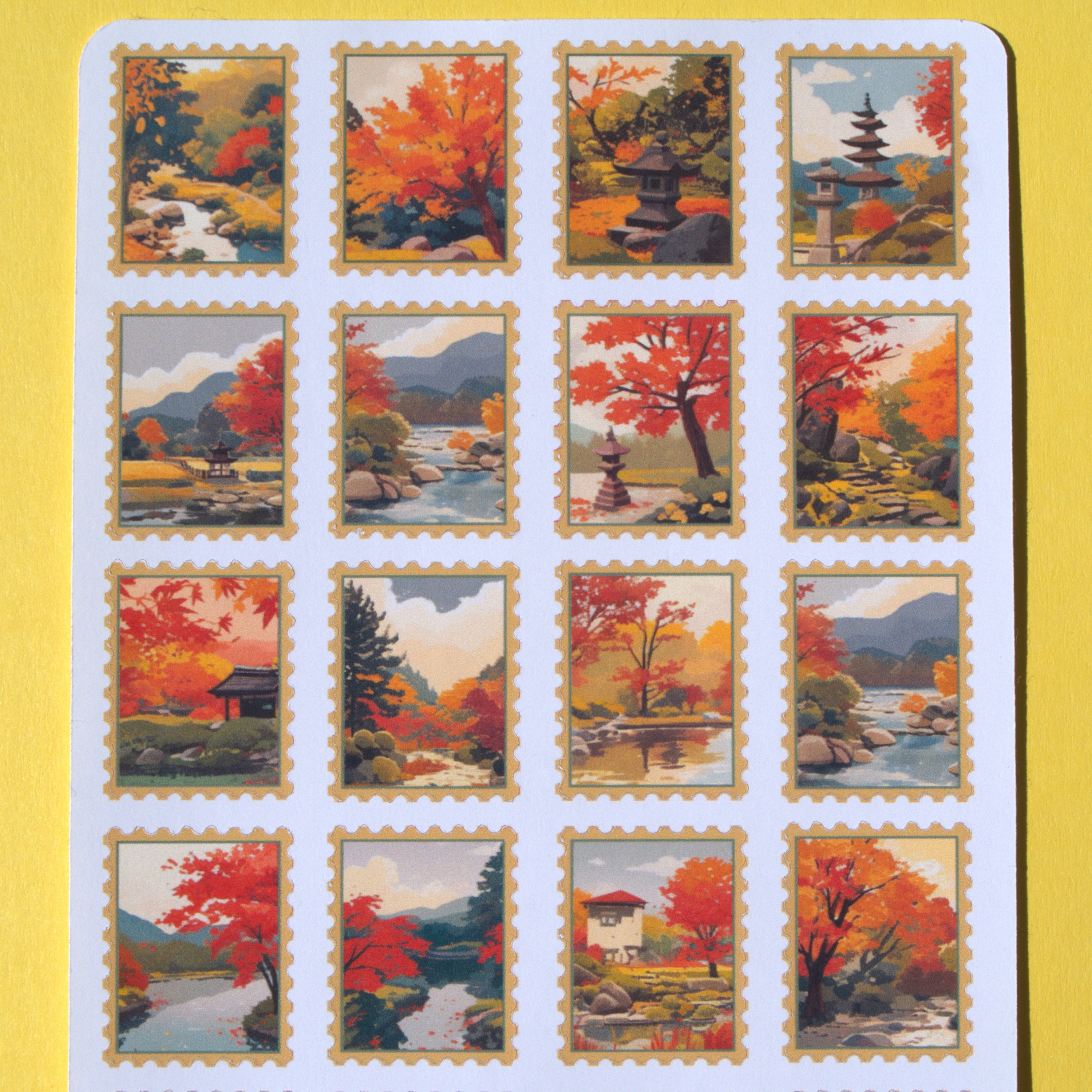 Postage Stamps Sticker Sheet - Japanese Fall | Decoration | Trees ...