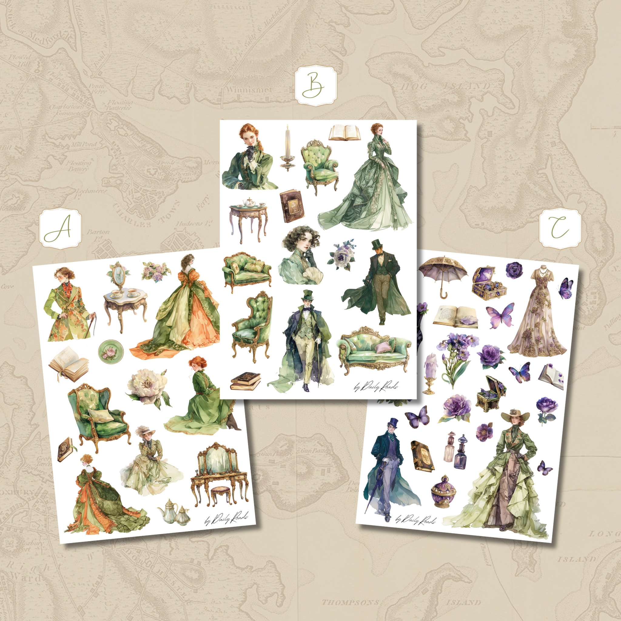 Sticker Pack - Victorian Society | Watercolor | Bullet Journal Stickers ...