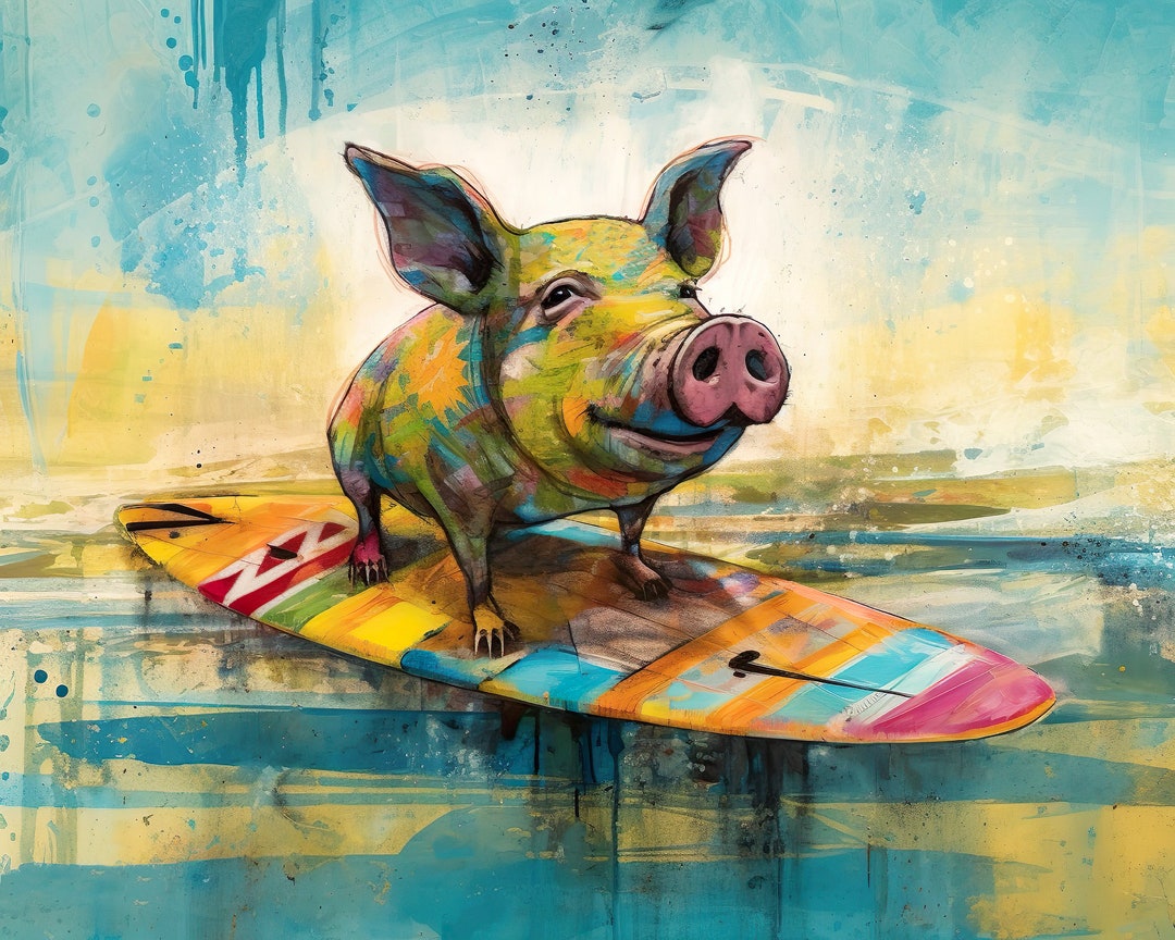 Surfing Piggy Boar on Surfboard Digital Download Large File - Etsy