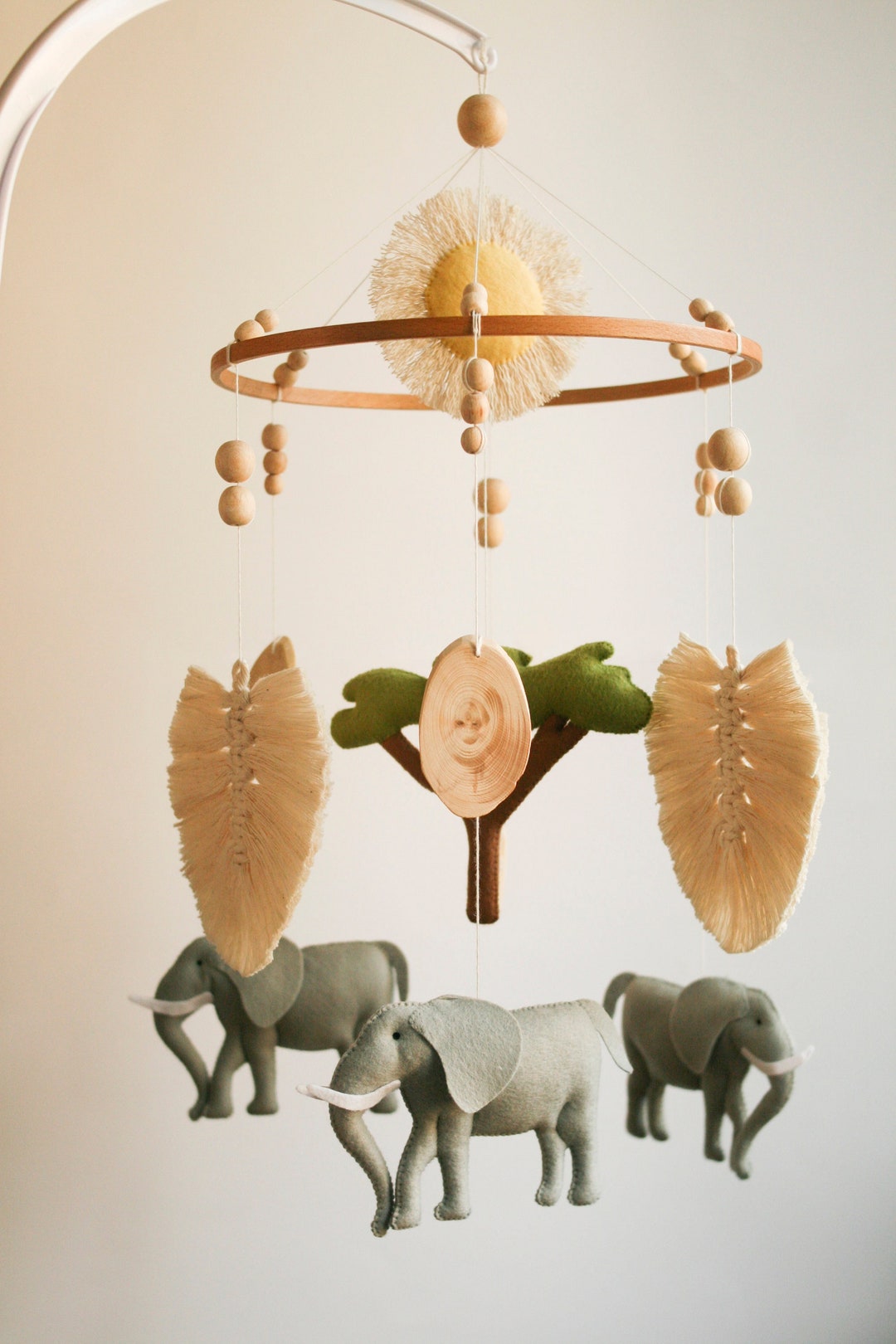 Safari Elephant Baby Mobile: Wool Felt Jungle Animals, Neutral Nursery ...