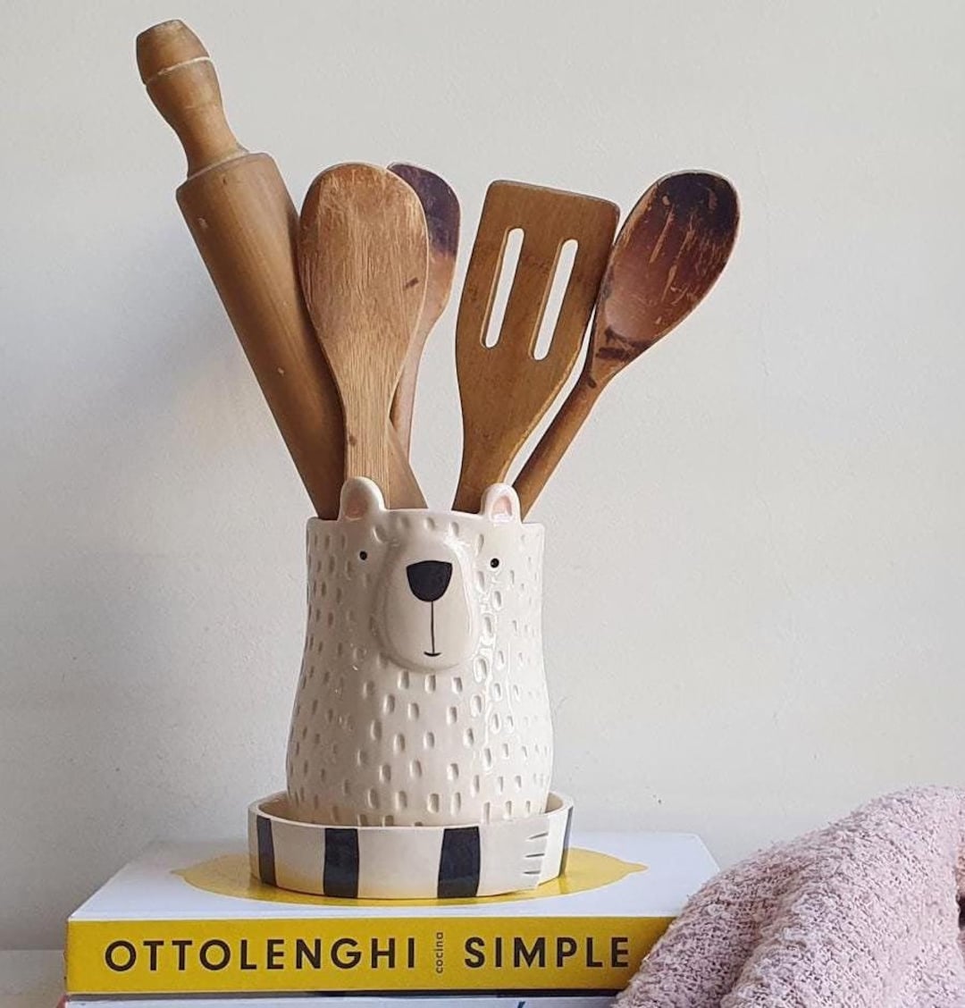 Handmade Large Ceramic Bear Utensil Holder With Striped Scarf Plate ...