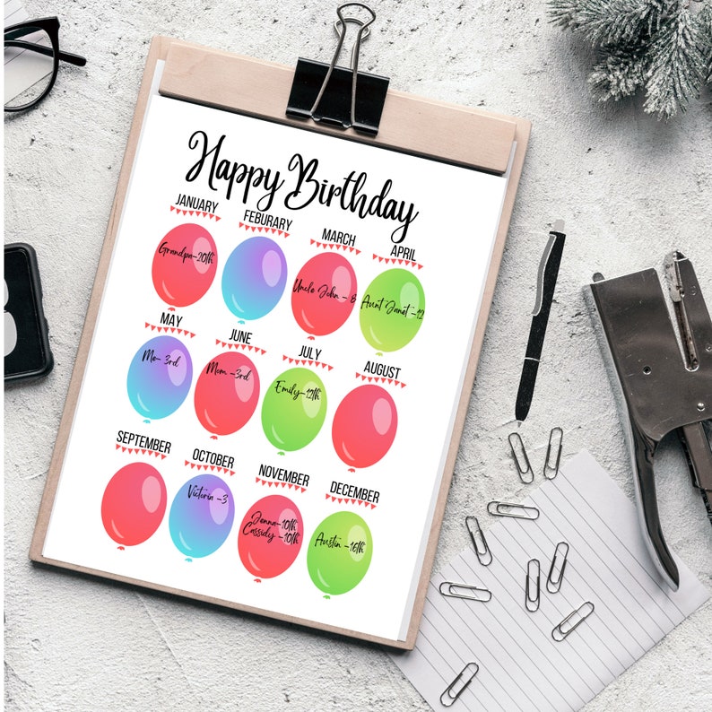 Birthday Calendar- Printable - Etsy