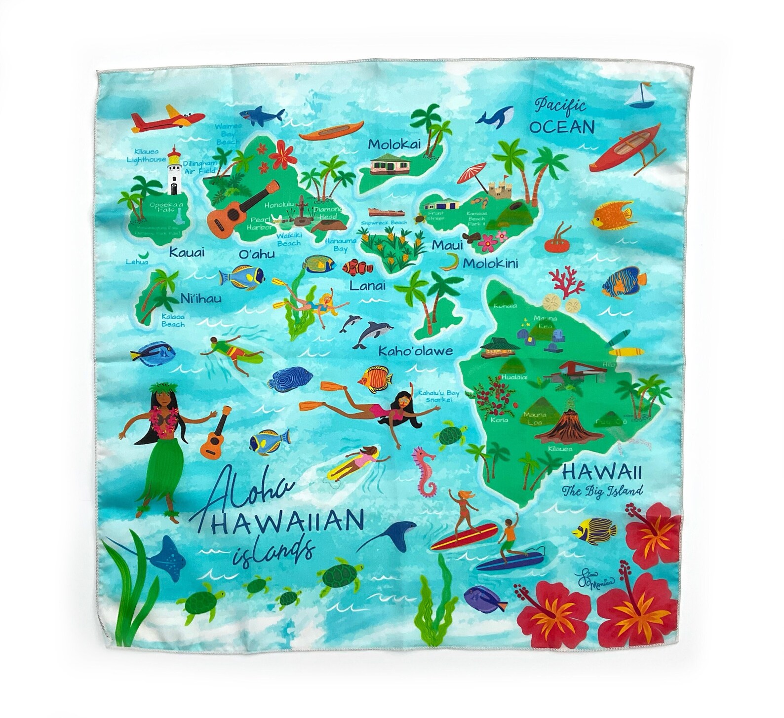 Hawaiian Islands Silk Souvenir Scarf, Headscarf, Neck Scarf, Headband ...