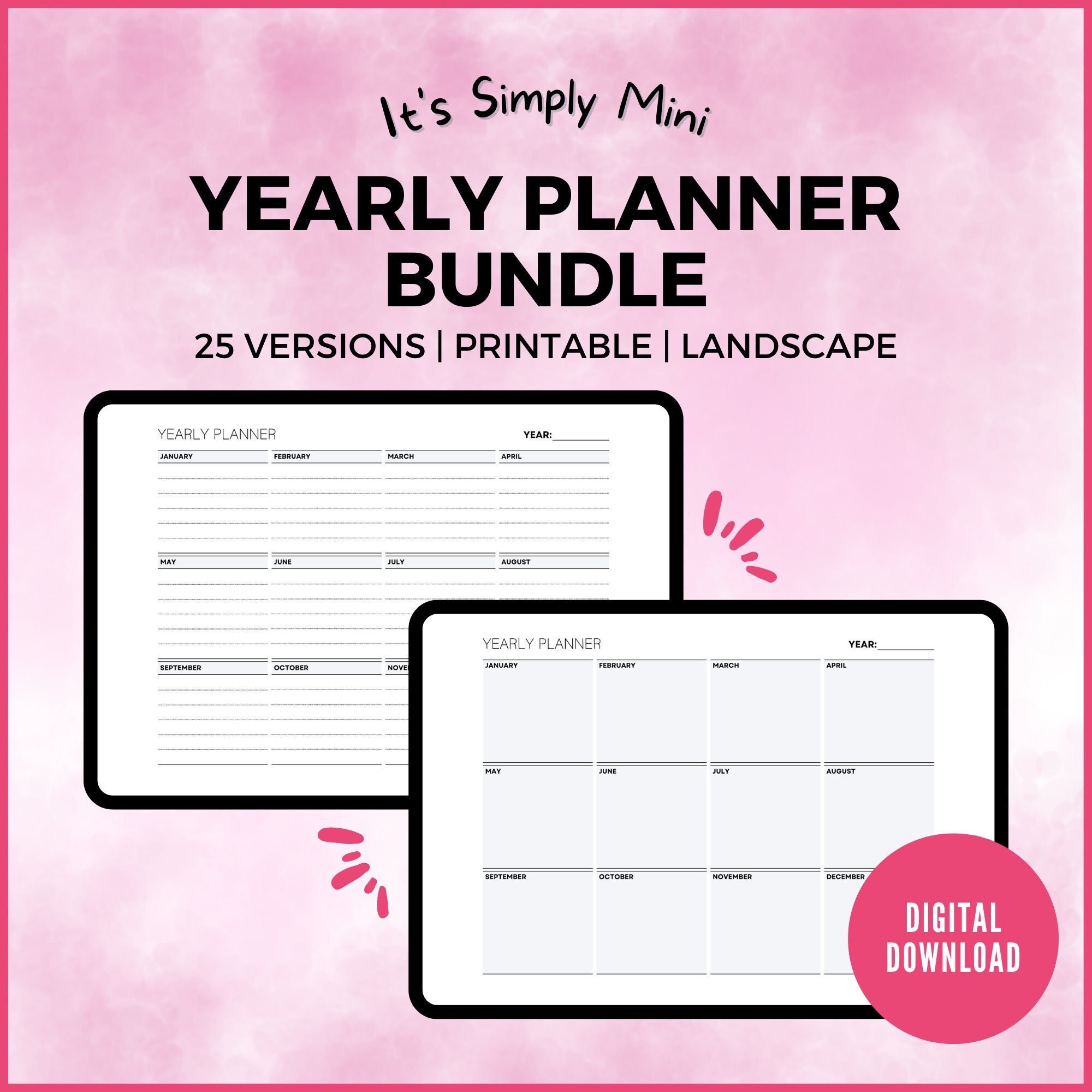 Printable Yearly Planner Bundle, A4, A5 and US Letter Sizes, Landscape ...