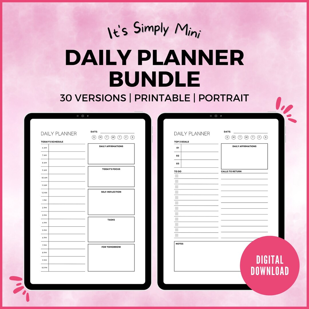 Printable Daily Planner Bundle, A4, A5 and US Letter Sizes, Portrait ...