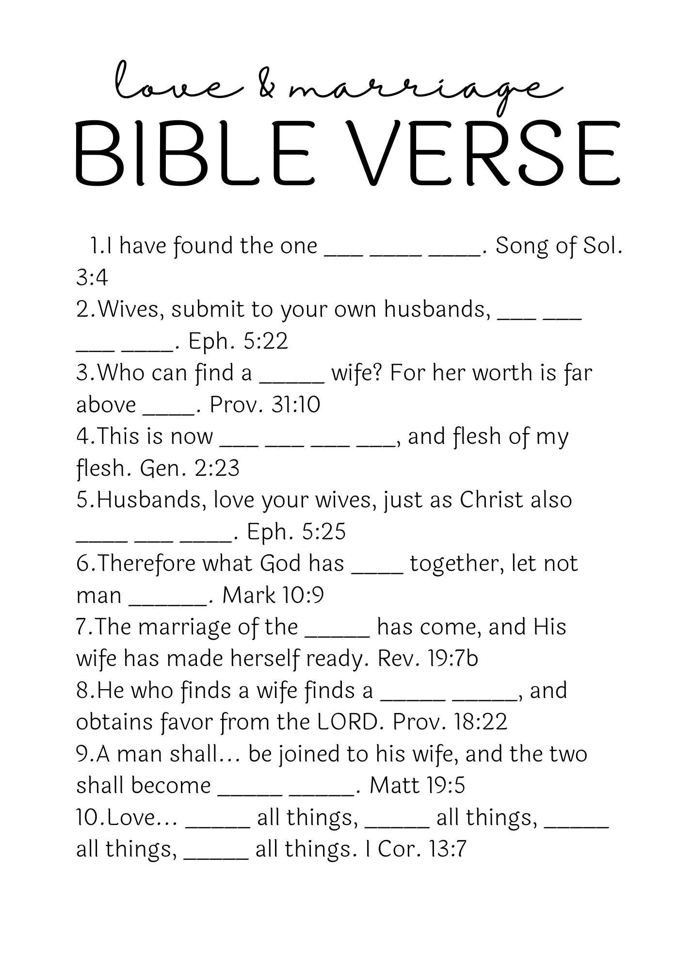 Love and Marriage Bible Quote Game, Bridal Shower Game, Instant ...