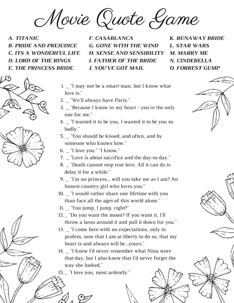 Match the Movie Love Quote, Bridal Shower Game, Floral, Instant ...